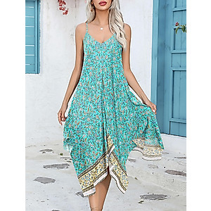 Chigant Women Summer Spaghetti Strap Floral Asymmetrical Irregular Hem Casual Long Dresses Green M