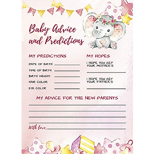 50 Deluxe Pink Elephant Advice and Predictions Cards- Large Double Sided 5 x 7 Inch for Baby Girl Shower Game, New Parent Message Book, Mom & Dad to Be, Decorations