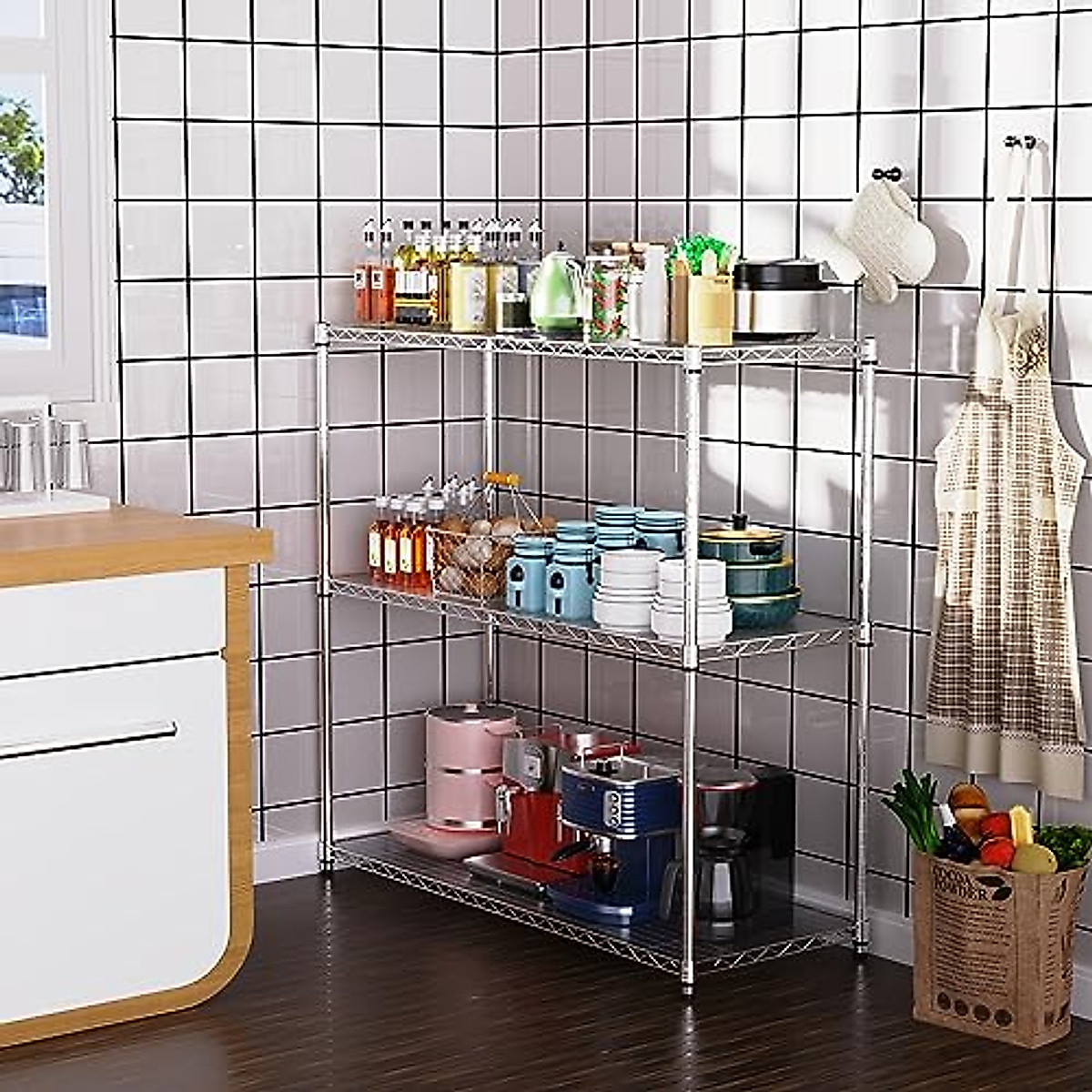 3 Tier NSF Wire Shelf Shelving Unit, 18 x 48 x 48 Inch 1050lbs Capacity Heavy Duty Adjustable Storage Metal Rack with Leveling Feet & Shelf Liners, Ideal for Garage, Kitchen, Office and More - Chrome