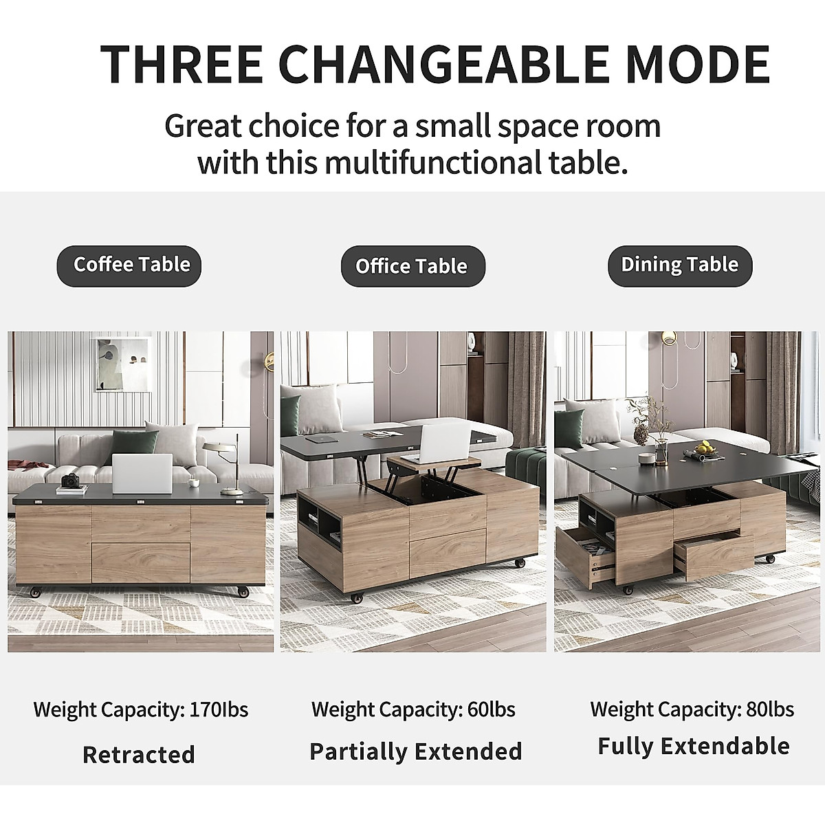 Merax Lift Top Coffee Table,with Fixable Wheels Open Storage Extendable Desktop Drawers