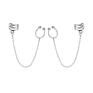 Reffeer Solid 925 Sterling Silver Cuff Chain Earrings Wraps for Women Wrap Earrings Non Piercing Ear Cuffs (A-Silver)