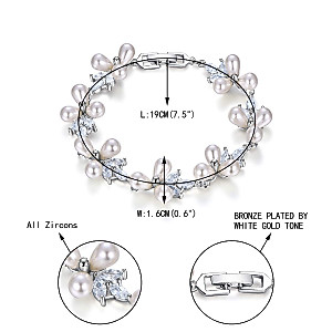 EVER FAITH Women's CZ Cream Simulated Pearl Floral Leaf Wedding Bride Tennis Bracelet White Silver-Tone