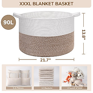 INDRESSME XXXLarge Cotton Rope Basket 21.7" x 21.7" x 13.8" Woven Baby Laundry Blanket Basket Toy Basket with Handle Storage Comforter Cushions Thread Laundry Hamper