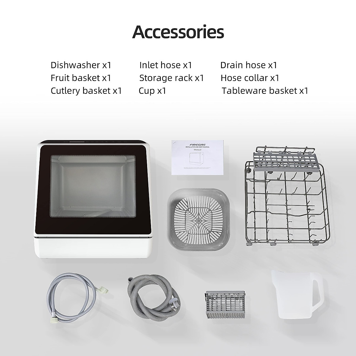 FIREGAS Portable Countertop Dishwasher, 5 L Built-in Water Tank & Inlet Hose, 6 Washing Programs Mini Dishwasher with Air-Dry Function and LED Light for Apartments, Dorms and RVs