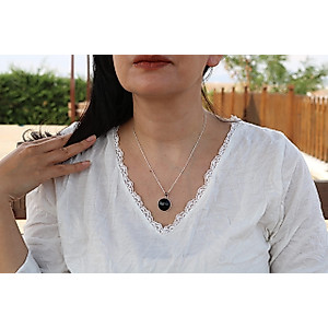 Echmeck Sterling Silver 925 Round Black Onyx 20mm Handmade Pendant Necklace with 16+2 inches Chain for Women