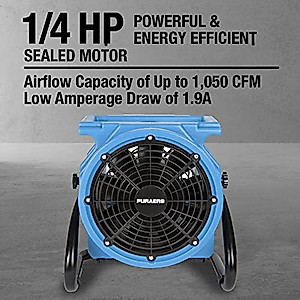 Puraero PA-250-HS-AF Compact Axial Fan, Air Mover, Blower Fan - 1/4 HP, 1050 CFM - Perfect for Basements, Attics, Bathrooms, and Water Damage Restoration - Lightweight, Durable, Energy Efficient, High Velocity Floor Fan - 360° Rotation - ETL/cETL Certifie