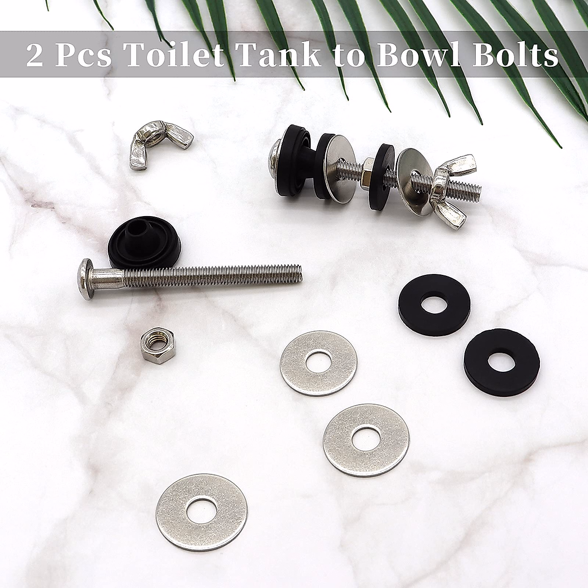 Universal Toilet Tank to Bowl Bolts Kit, Heavy Duty Toilet Bolts, Waterproof Stainless and Rubber Washers Gaskets with Extra Long Nut Screw for Fastening (Silver) (2, Short)