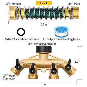 4 Way Hose Splitter with 4Pcs Garden Hose Extension Adapter, Brass Garden Hose Splitter Set, Hose Spigot Adapter with 4 Valves and 12 Rubber Washers & 4 Tapes (4 Way Splitter with 4Pcs hose protector)