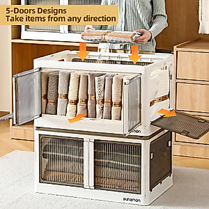 sunamon Stackable Storage Bins with 5 Doors, Plastic Storage Bins With Lids, 80Gal Collapsible Storage Bins with Wheels Large Closet Storage Bins For Shelves Home Bedroom Office, 3 Pack