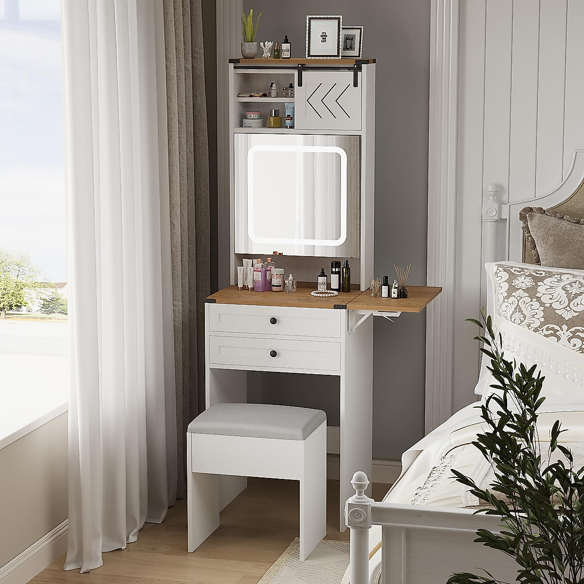 ARTETHYS Farmhouse Small Vanity Desk Set with Mirror Cabinet Compact Makeup Vanity Table with 3 Adjustable Lighted Mirror and Storage Chair for Small Space, White Dressing Table with Fold-up Panel