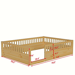 KEIKI Full Floor Bed Frame with Fence, Wood Kids Floor Beds Frame for Bedroom Playroom,Natural