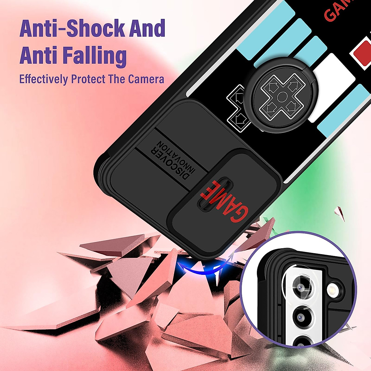 Funermei (2in1 for Samsung Galaxy S22 Case for Women Boys Cute Cover Cartoon Teens Fun Funny Game Black for Men Kids Design with Camera Cover and Ring Stand Funda for Galaxy S22 Phone Cases