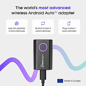 AAWireless Two - Android Auto Wireless Adapter - Convert Factory Wired Android Auto to Wireless - Multifunctional Button - Easy Plug and Play Setup - Seamlessly Connect Via Bluetooth - Made in Europe