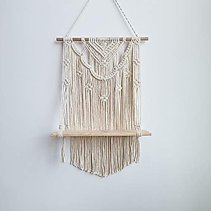 BLUETTEK Macrame Wall Hanging Shelf, Wood Hanging Shelf Organizer Hanger, Handmade Cotton Rope Bohomia Woven Home Wall Decor (Flower)