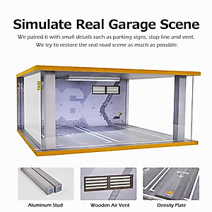 cxiiuui 1/18 Scale Display Case Car Garage Moldel with LED Light and Acrylic Cover Wooden Diecast Car Show Case 2 Parking Spaces Grey