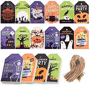 Starrky Halloween Hanging Tags, 120PCS Halloween Tags Bulk Halloween Theme Tags with Strings for Hanging Decoration Halloween Party Candy Bag
