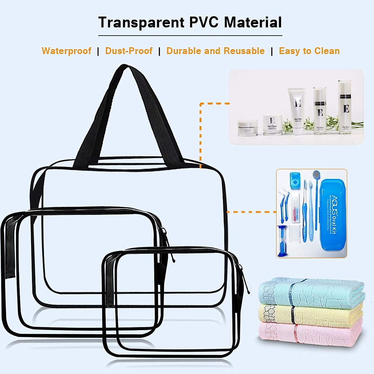 SYIDINZN Cosmetic Bag 3 Pack Clear Travel Toiletry Bag Set with Zipper Make-up Pouch Handle Straps | Waterproof Packing Organizer Storage Diaper Pencil Bags (Black)