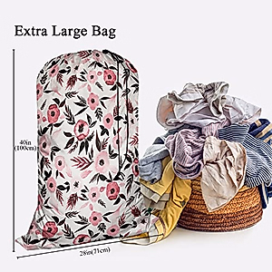 Swono Watercolor Sketch Poppy Large Laundry Bag Washable Large Dirty Clothes, Leaf Repeating Pattern Drawstring Organizer Bag, Fit Hamper Basket Camp Travel Home Dorm, Pink Black