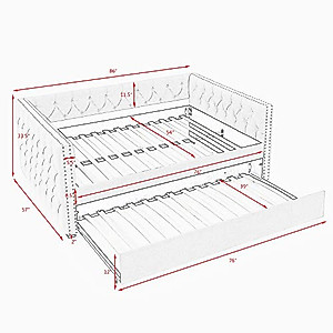 HomSof Daybed Upholstered Tufted Sofa Bed, with Button and Copper Nail one Arms, Full Daybed & Twin Trundle, Beige