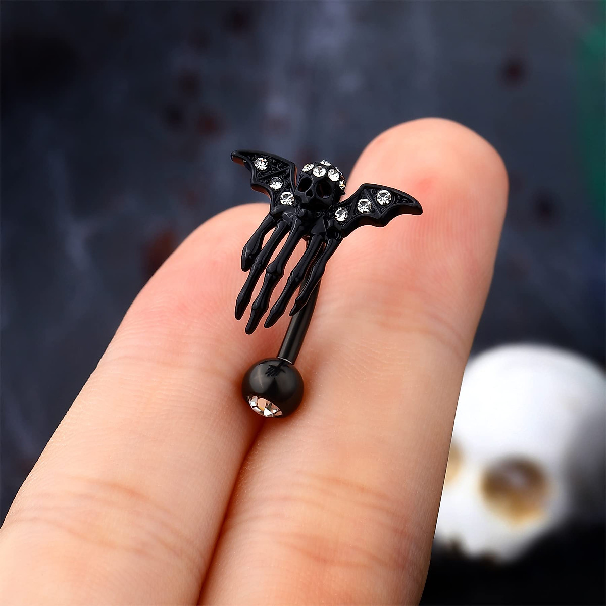 COCHARM Black Bat Skeleton Belly button Rings 14g Hallween Skull Hand Reverse Belly Rings Top Down Belly Piercing Jewelry Navel Rings