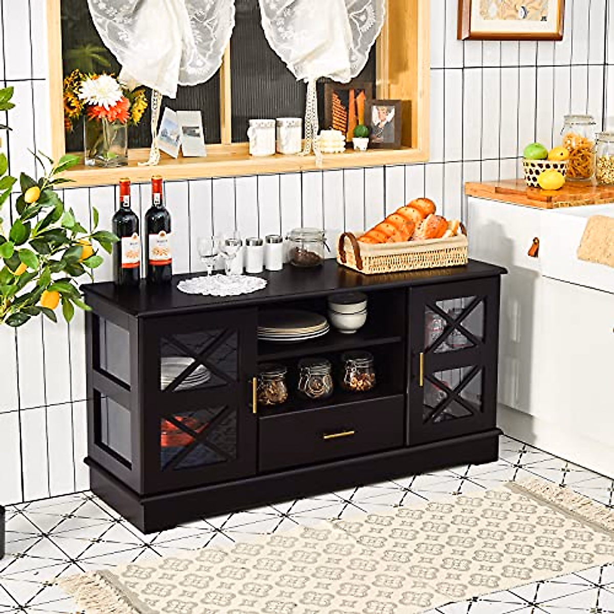 Tangkula Wood TV Stand with 2 Glass Door Cabinets, Media Console with Drawer & 2-Tier Adjustable Shelves, Living Room Entertainment Center for TVs up to 55 Inch, TV Console Table, Dark Brown