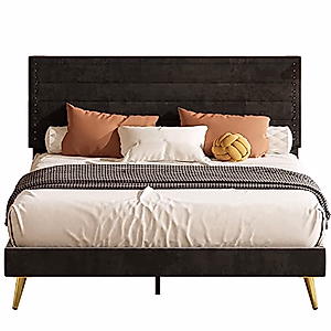 LIKIMIO Queen Bed Frame, Upholstered Platform Bed with Headboard Heavy Strong Metal/Wood Supports, Easy Assembly, Noise-Free, No Box Spring Needed, Black