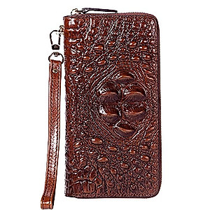 PIJUSHI Wristlet Wallet Crocodile Leather Wallets for Women Ladies Clutch Purse (1058 Brown)