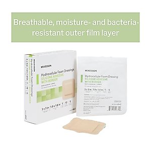 McKesson Hydrocellular Foam Dressings, Sterile, Silicone Adhesive with Border, Dimension 3 in x 3 in, Pad 1 4/5 in x 1 4/5 in, 10 Count, 1 Pack