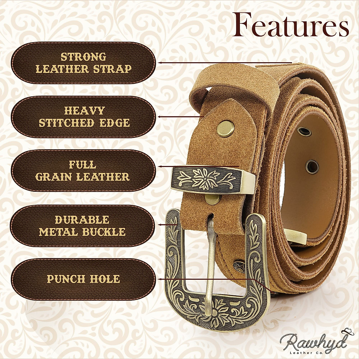 RAW HYD Western Leather Belt for Men (38)