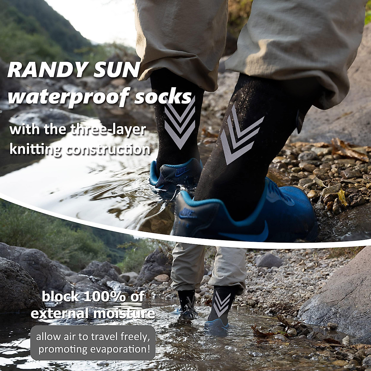 RANDY SUN Waterproof Breathable Merino Wool Lined Socks, Unisex All Climate Outdoor Sport Cushioned Socks for Hiking Trekking Camping Black XS 1 Pair