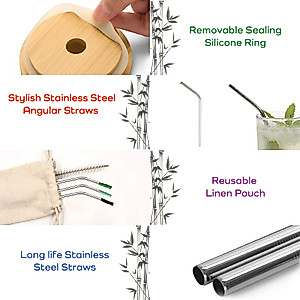 Bamboo Mason Jar Lids with Straw Hole, Stainless Steel Reusable Straws with Colored Silicone Tips, Straw Cleaner Brush and Polyester Bag, 70mm Bamboo Mason Jar Lids (Regular Mouth)