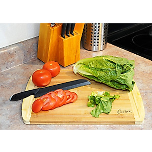 Cutting Board Set: Advanced Ceramic Serrated Bread Knife and Natural Bamboo Cutting Board - the Perfect Combination