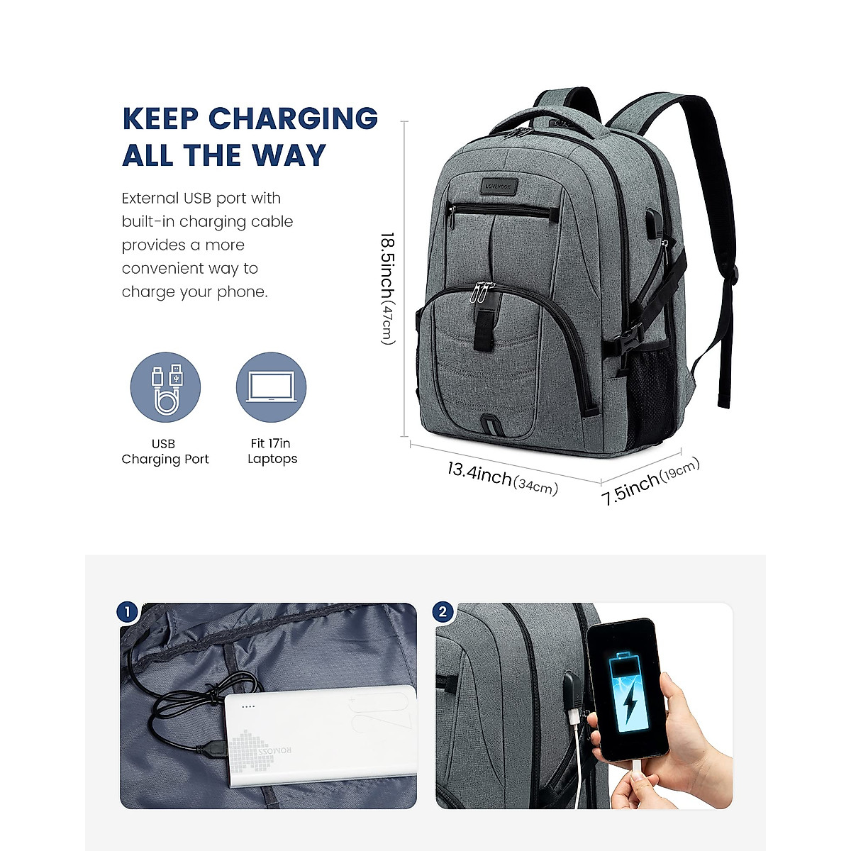 LOVEVOOK Travel Laptop Backpack Waterproof Anti Theft Backpack with Lock and USB Charging Port Large Computer Business Backpack for Men College Backpack (17 inch,DarkGrey