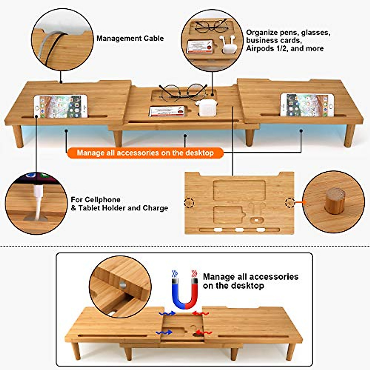Pezin & Hulin Bamboo Dual Monitor Stand Riser for Desk Organizer, Adjustable Length and Angle Multi(1/2/3) Screen Stand, Office Wood Desktop Stand Storage for Computer, Laptop, PC, Printer, Notebook