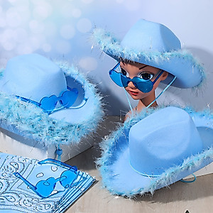 24 Pack Cowgirl Hats with Paisley Bandana and Heart Glasses Set, Fluffy Feather Boa Cowgirl Hats Cowboy Hats for Party (Light Blue)