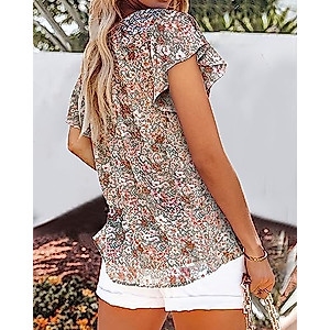 BTFBM Women Casual Boho Floral Blouse Shirts V Neck Long Puff Sleeve Lightweight Chiffon 2023 Fashion Summer Fall Tops(Short Floral Multicolor, Medium)