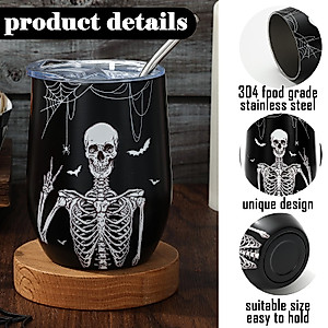Whaline Halloween Stainless Steel Wine Tumbler with Straw and Lid Black White Skull Bat Coffee Mug Skeleton Insulated Wine Tumbler for Hot and Cold Drinks Gift
