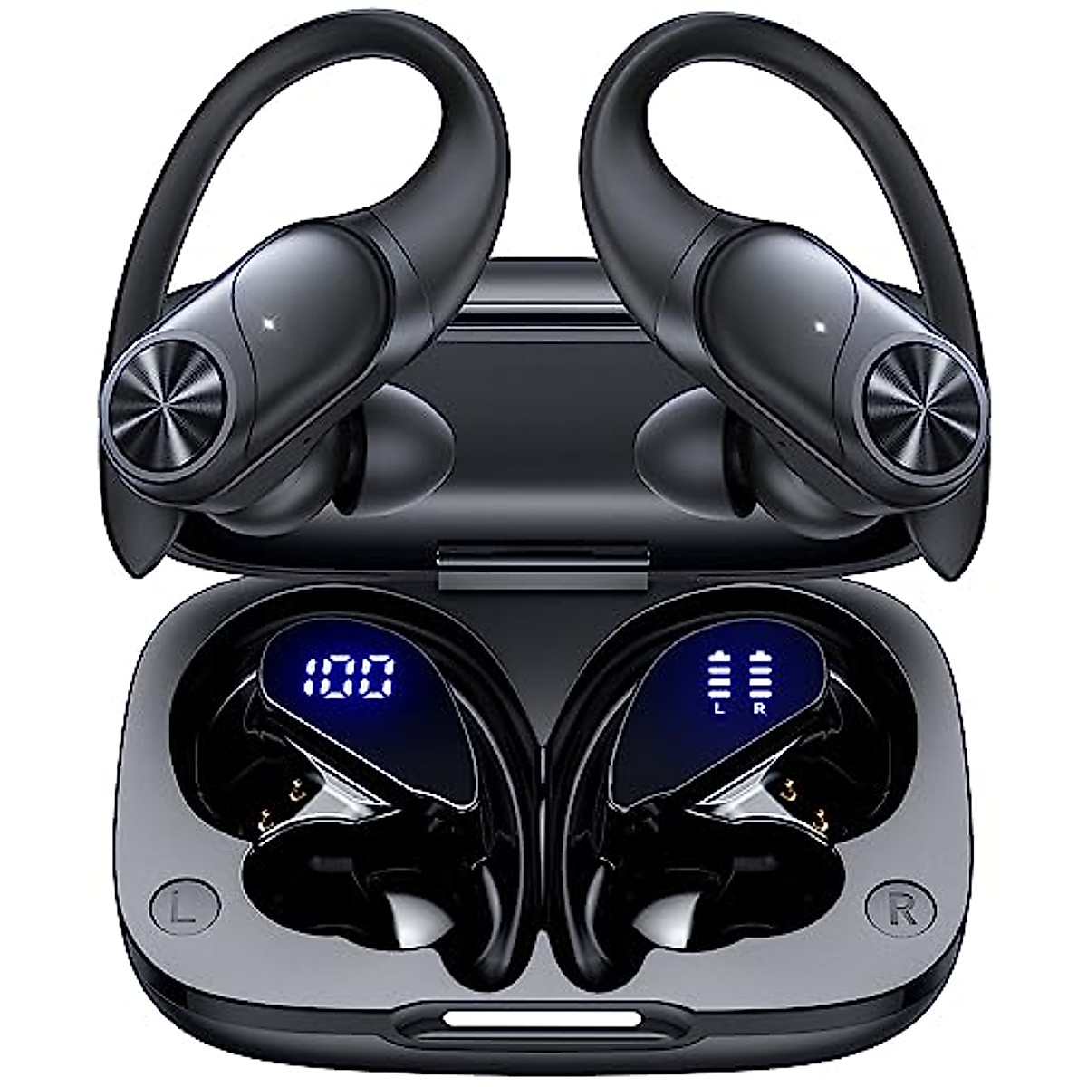 Bluetooth Headphones Wireless Earbuds 80hrs Playtime Wireless Charging Case Digital Display Sports Ear buds with Earhook Premium Deep Bass IPX7 Waterproof Over-Ear Earphones for TV Phone Laptop Black