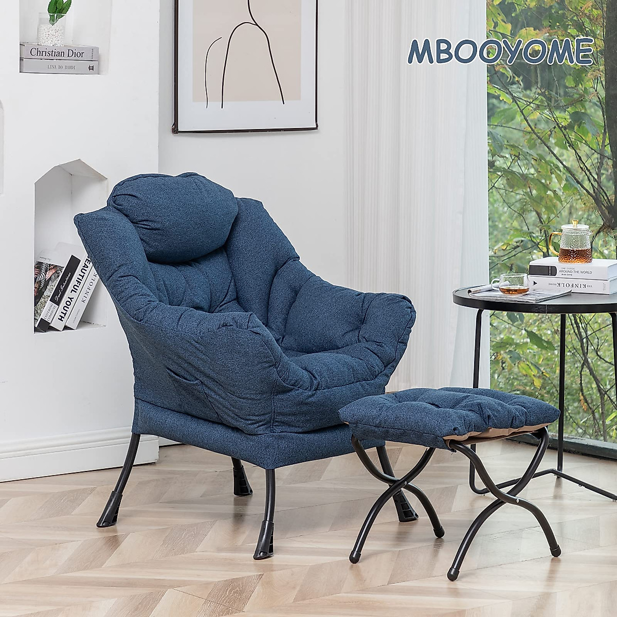 MBOOYOME Lazy Chair with Ottoman, Modern Soft Reading Chair Accent Contemporary Lounge Leisure Sofa Chair with Armrests and a Side Pocket for Living Room, Bedroom, Dorm & Office, Dark Blue