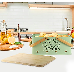 Xbopetda Potato Storage for Pantry, Metal Potato Storage Box with Bamboo Lid and Handle, Potato Bin Onion Storage with Aerating Holes, Kitchen Counter Organizer Container for Potato Onion Garlic-Green