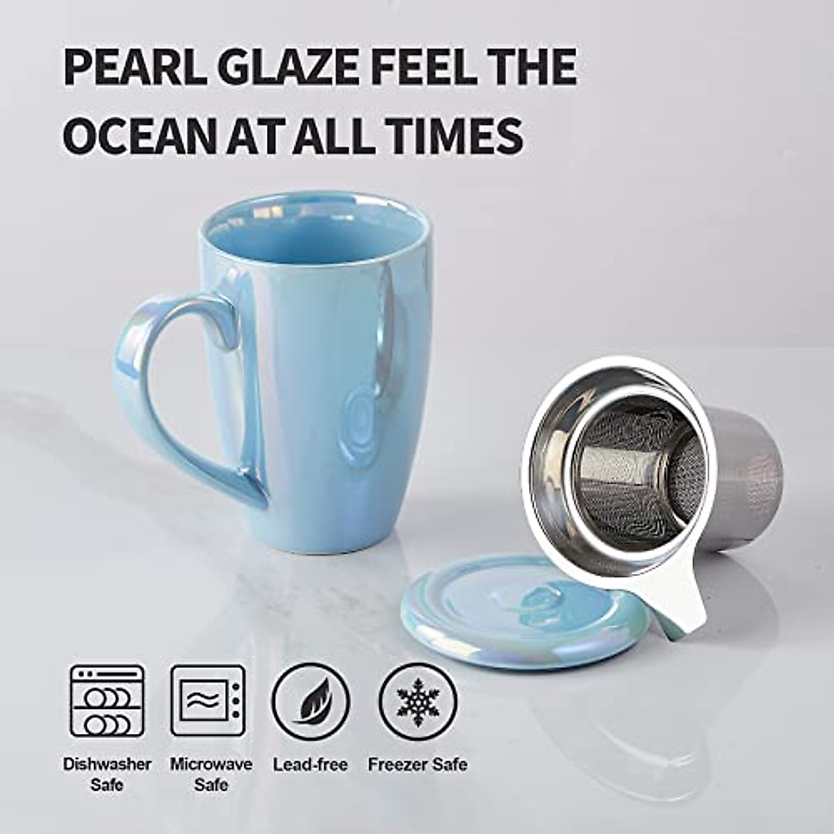 Jemirry Tea Cup with Infuser and Lid, Ceramic Cup with Lid, Tea Cup Tea Mug for Tea Lover, Porcelain Tea Strainer Cup, Tea Infuser Cup with Infuser Basket and Lid - Blue