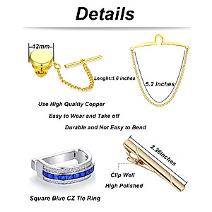 Tornito 9Pcs Tie Clips Tie Ring for Men Square CZ Tie Tacks Clutch with Chain Necktie Silver Black Gold Tie Clips Link Chain for Wedding Meeting Business Anniversary Tie Pin Clips