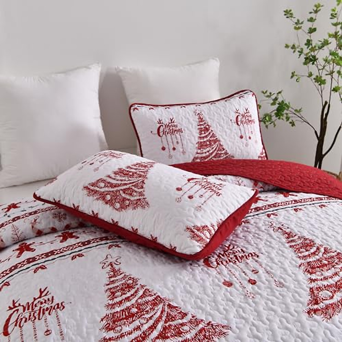 Christmas Tree Elk Quilt Set - 3PCs Soft Microfiber Lightweight Quilt Set Bedspread with 2 Pillowcases for Kids Teens Adults, Queen Size 90" x 96
