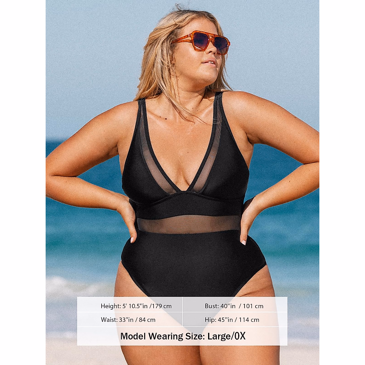CUPSHE Women Plus Size One Piece Swimsuit V Neck Mesh Sheer Tummy Control Bathing Suit with Adjustable Wide Straps, 1X Black