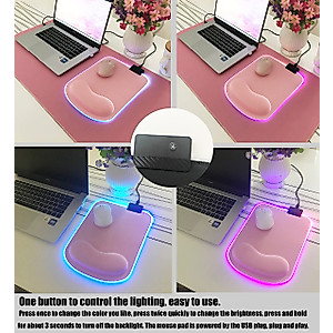 RGB Mouse Pad with Wrist Support, LED Mouse Pad with 13 Lighting Modes, Anti-Slip Rubber Base, Pain Relief Computer Ergonomic Mouse Pad for Gaming, Office, Home, 11.8 x 8.5 in (Pink)