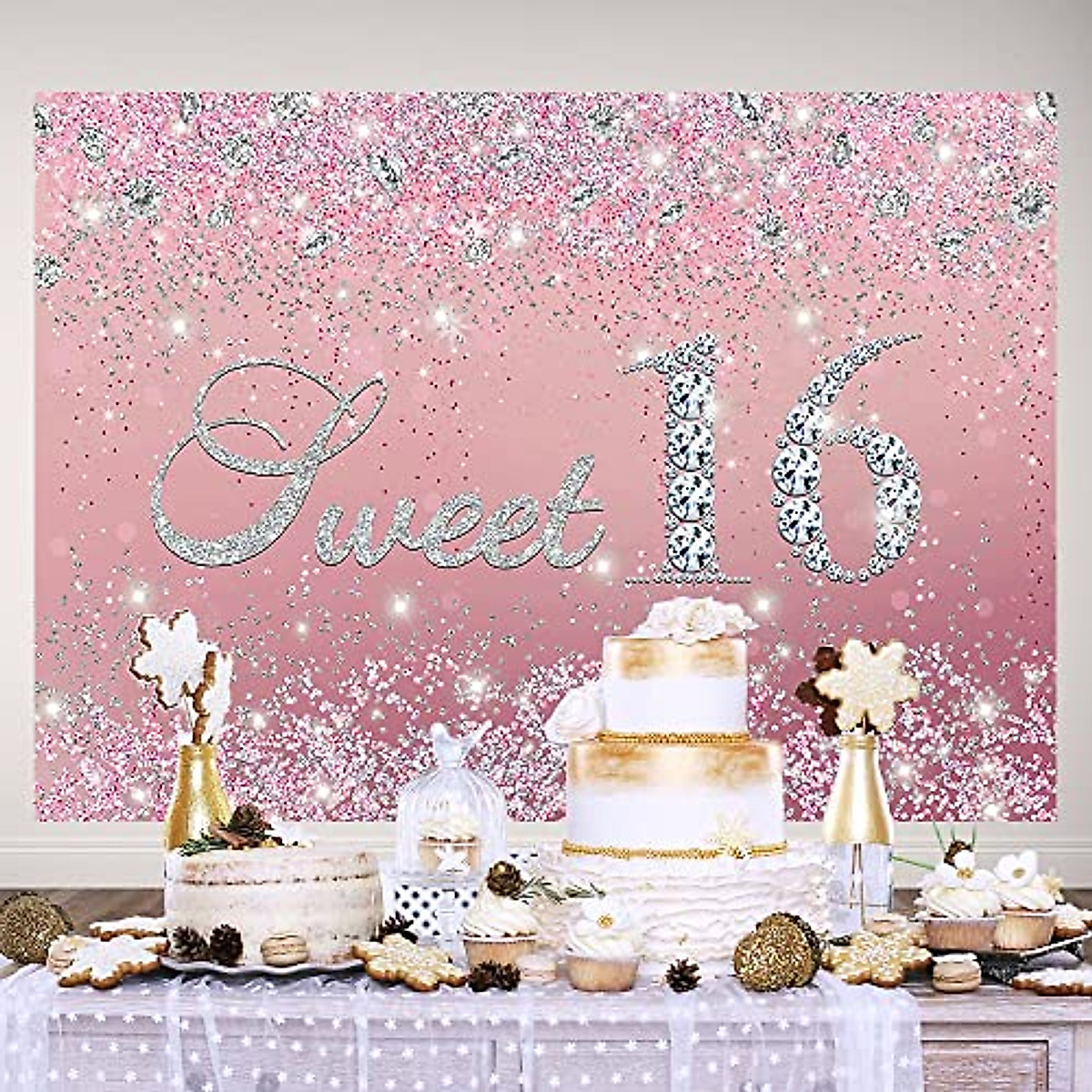 Hilioens 7×5ft Sweet 16th Birthday Backdrop Glitter Pink Diamonds Bokeh Girls 16th Birthday Party Backgorund Shining Silver Happy Sixteen Birthday Party Banner Deocrations Photo Booth Props