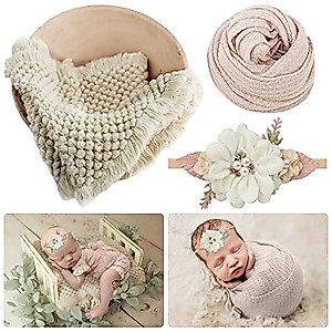 SPOKKI 3 Pcs Newborn Photography Props Outfits Set, Knitted Blanket for Baby Photo Props, Beige Elastic Wrap for Photoshoot, Flower Headband for Infant Boys Girls, Baskets Filler Posing Props