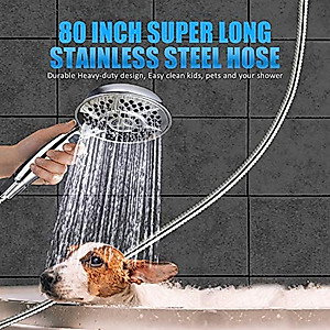 Handheld Shower Head, WASSERN 5.2'' High Pressure 6 Setting 81 Jets Rainfall Massage Water Saving Trickle Pause Extra Long 80'' Stainless Steel Hose Angle Adjustable Brass Ball Joint Bracket Chrome