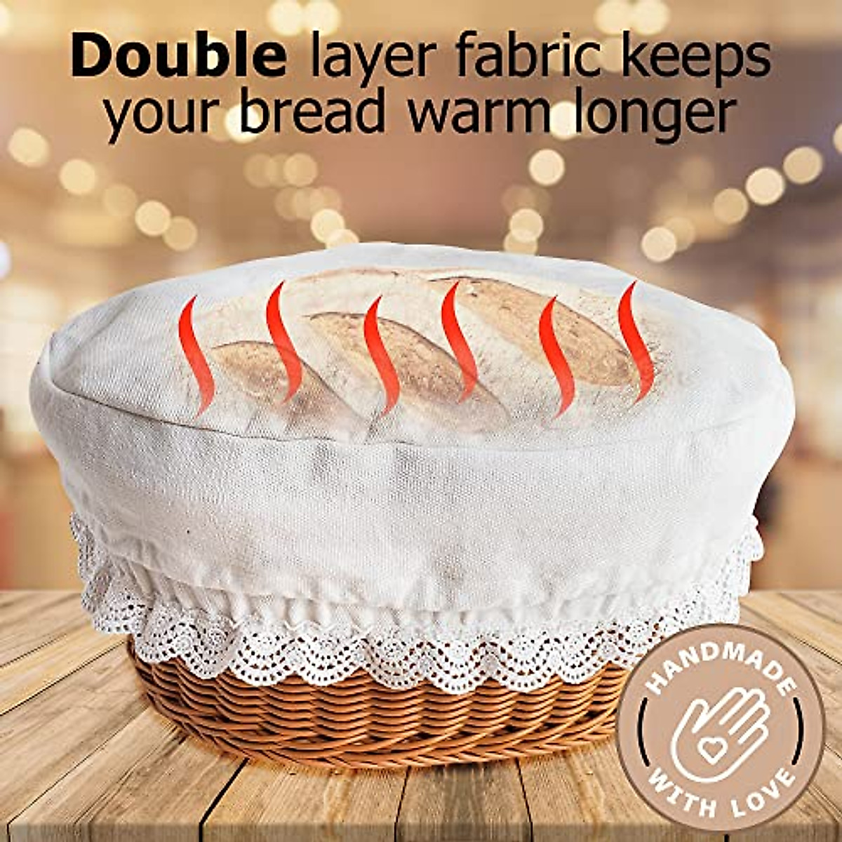 A ARTIZANKA Extra Large 12.5' Bread Basket Serving Set for Sourdough Bread, Pastries, Muffins, Bagels. Includes Removable Liner and Cover, Storage and Fruit basket (Poly Wicker Extra Large Basket)