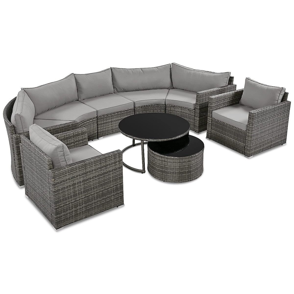 Bellemave 9-Piece Patio Sectional Set Half-Moon Sofa Set Gray Wicker Curved Outdoor Sofa with Gray Cushions & Nesting Coffee Table, All-Weather PE Wicker Semi-Circular Couch